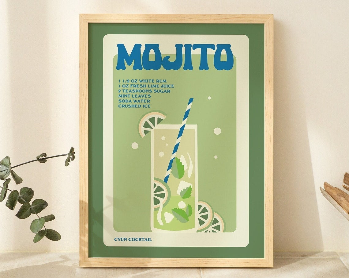 Retro Alcohol Poster, Minimalist Mojito Print, Kitchen Bar Decor, Green ...
