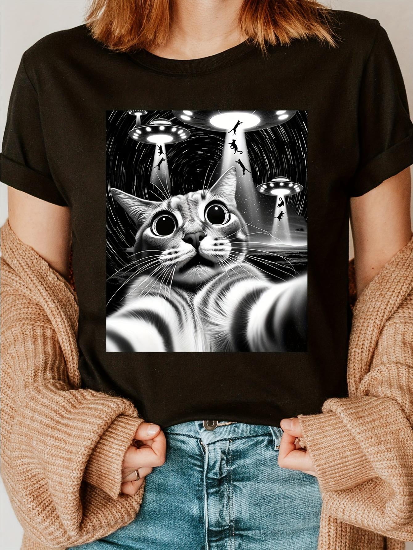 [Retro Alien Print Cotton Tee] Cat UFO Invasion Funny Cat Meme Retro ...