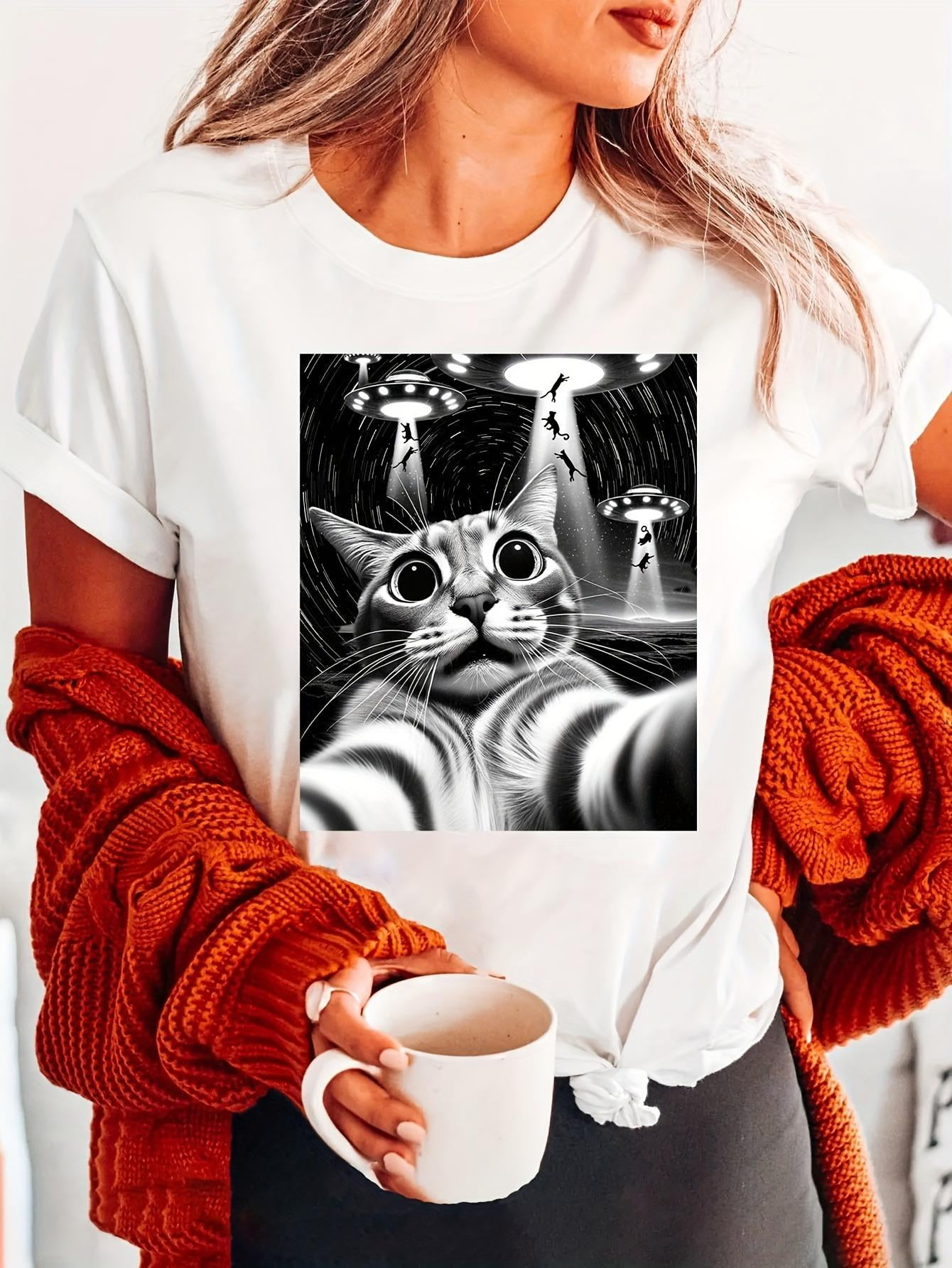 [Retro Alien Print Cotton Tee] Cat UFO Invasion Funny Cat Meme Retro ...