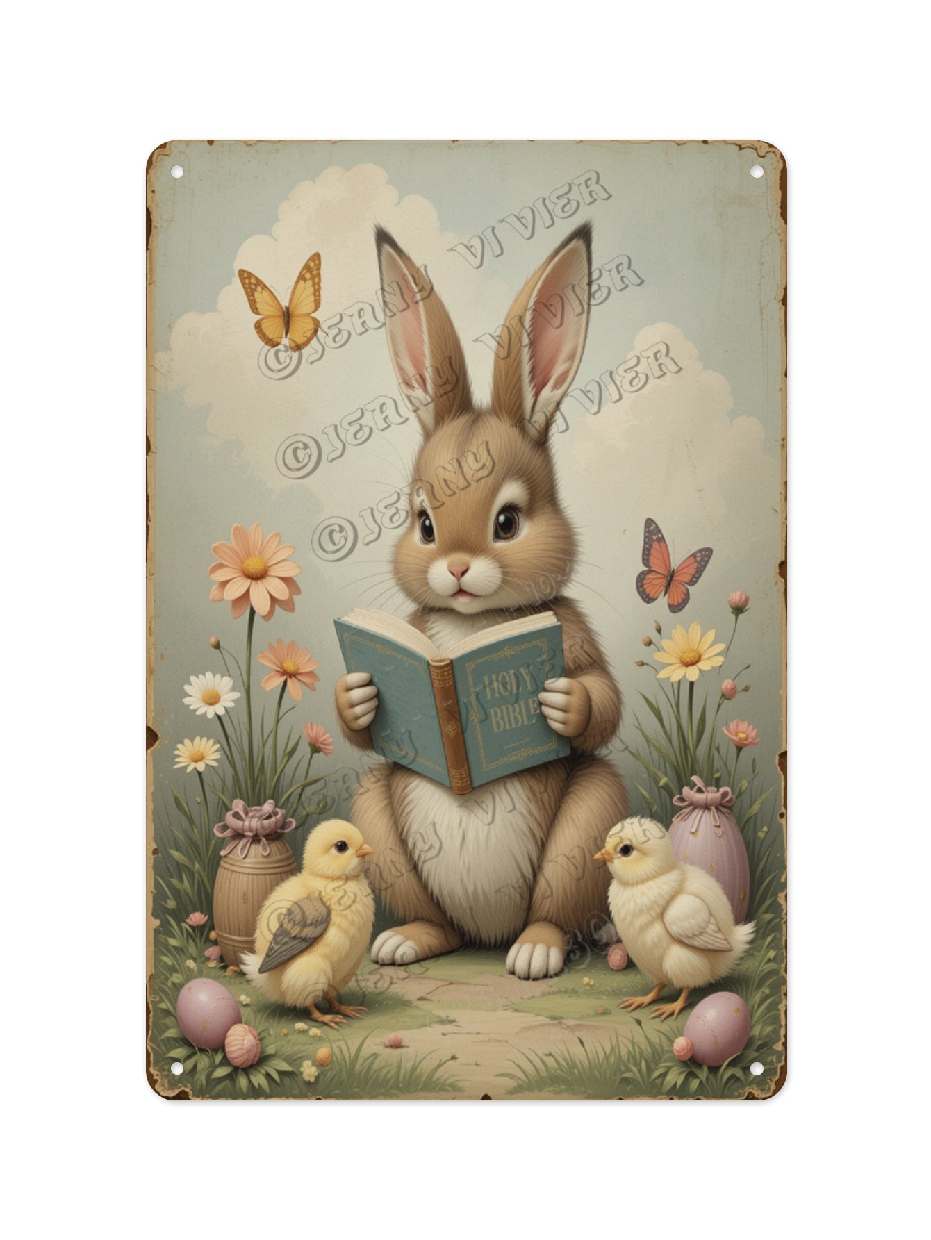 Retro Aluminum Sign with Bunny Reading the Holy Bible, 12 x 16 Inches ...