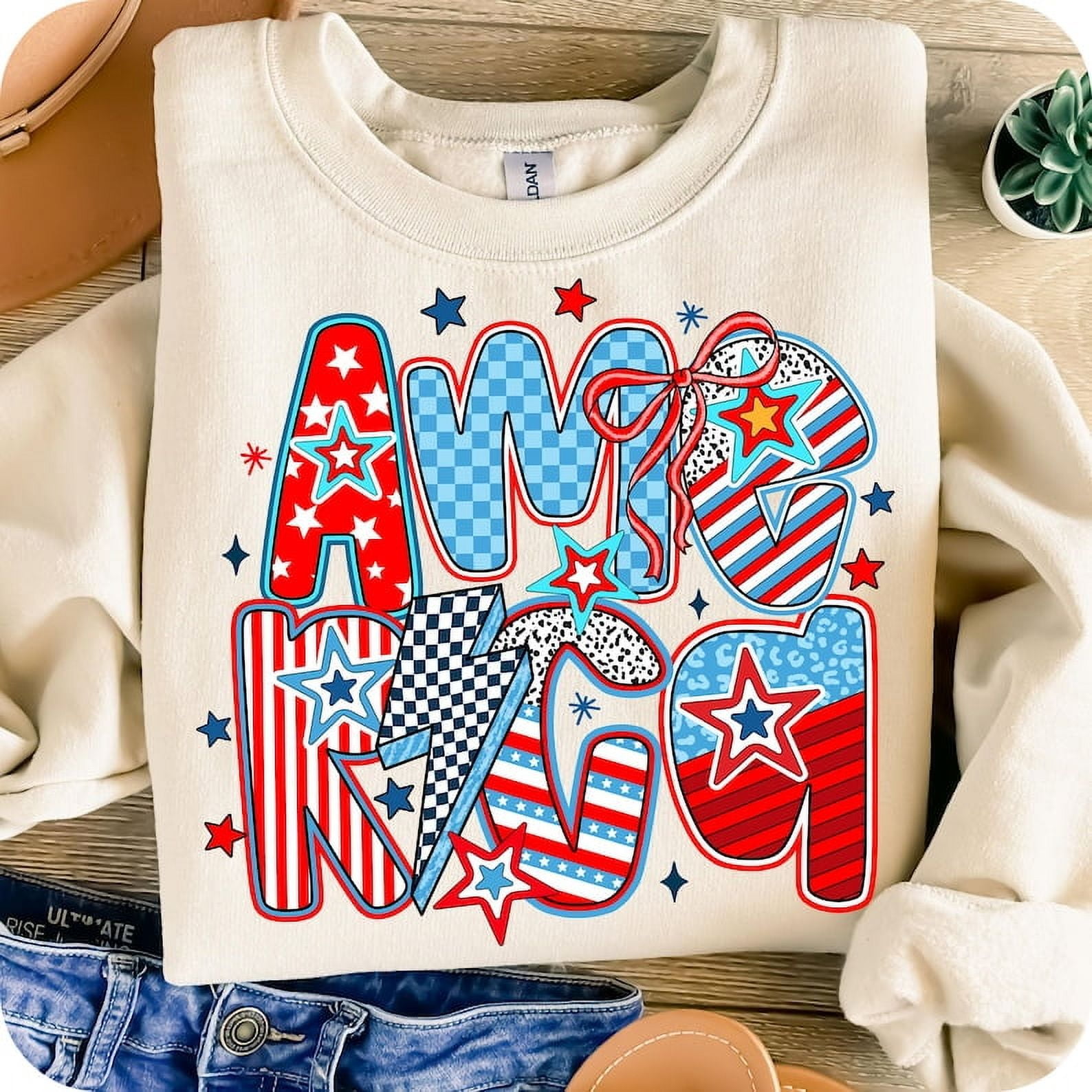 Retro America Checkered Sweatshirt, Coquette 4th of July Pullover with ...