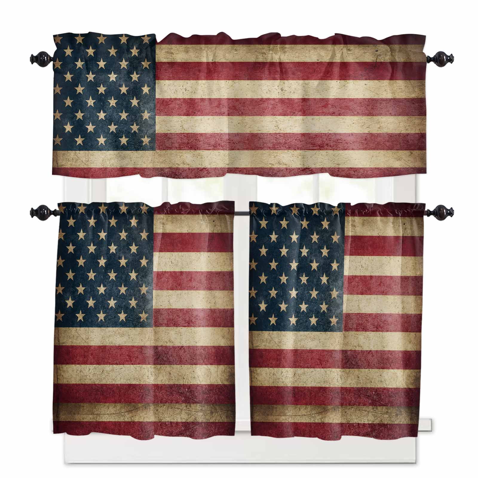 Retro American Flag Kitchen Curtains Valances and Tiers Independence ...