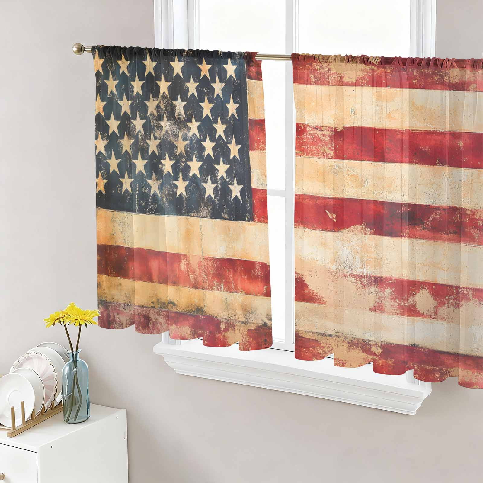 Retro American Flag Semi Sheer Curtains 45 Inch Length 2 Panels Set ...