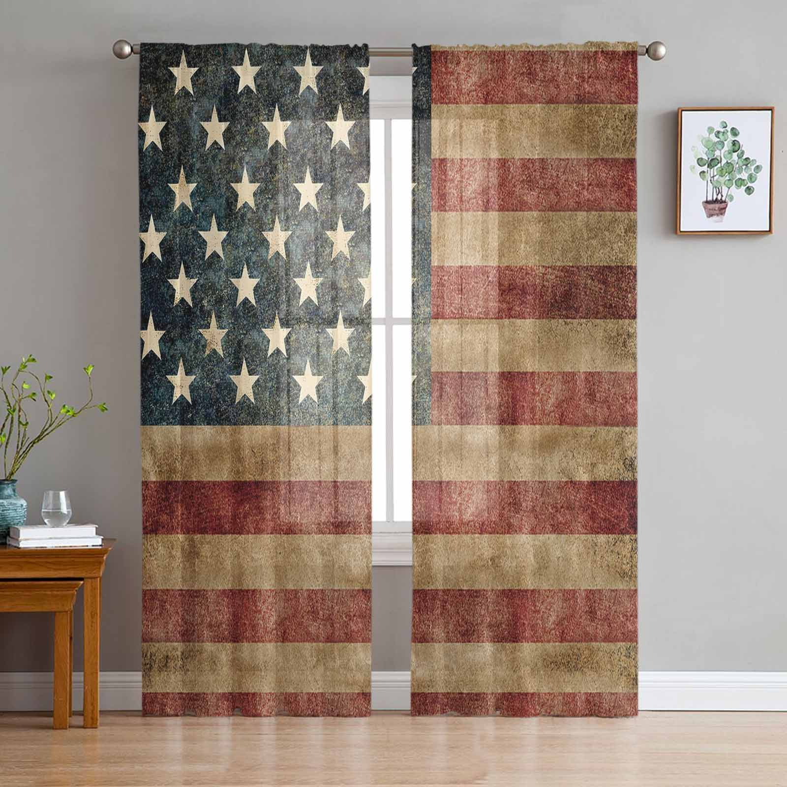 Retro American Flag Semi Sheer Curtains 72 Inch Length 2 Panels Set ...