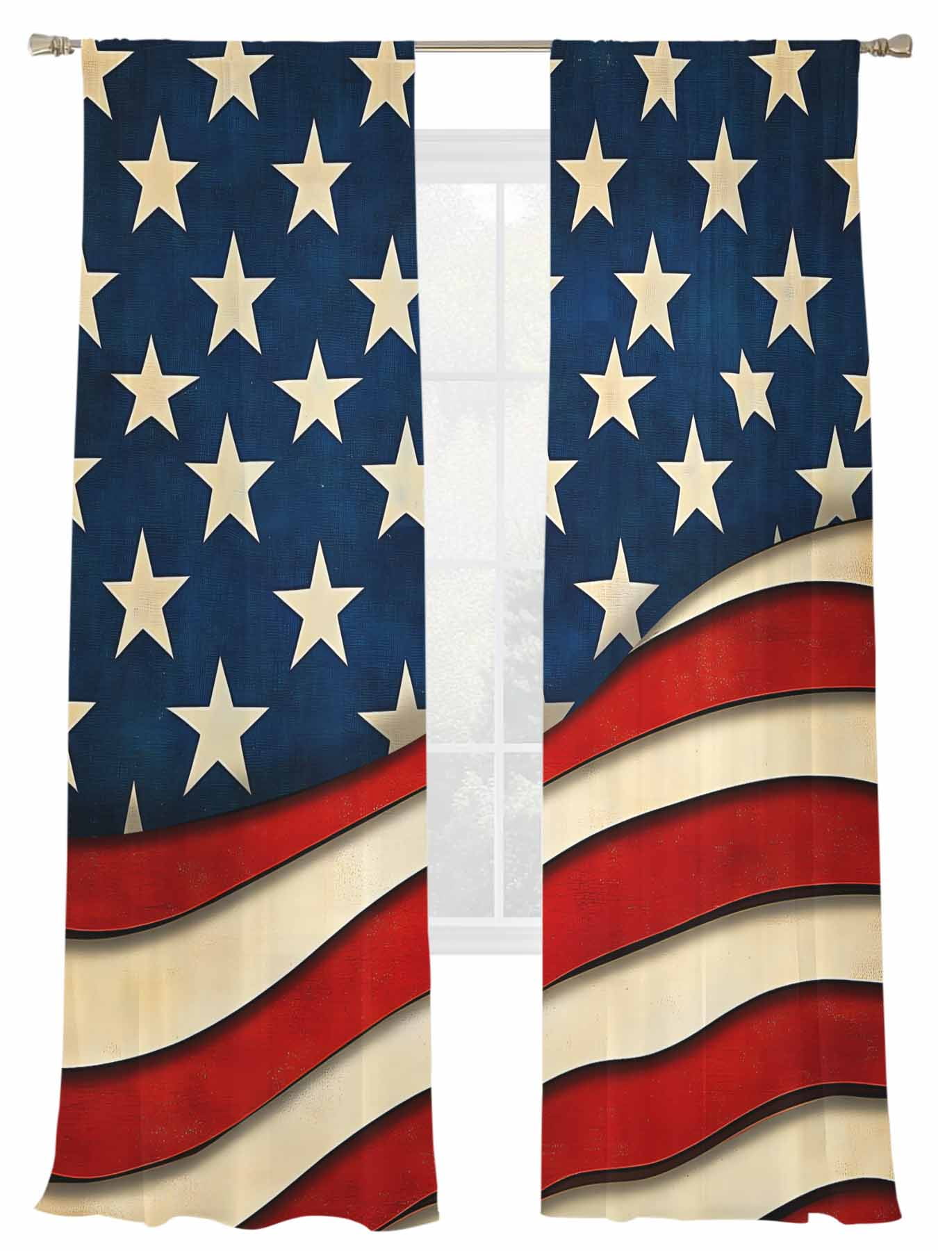 Retro American Flag Sheer Curtains 108 Inch Long 2 Panels, USA Patriot ...