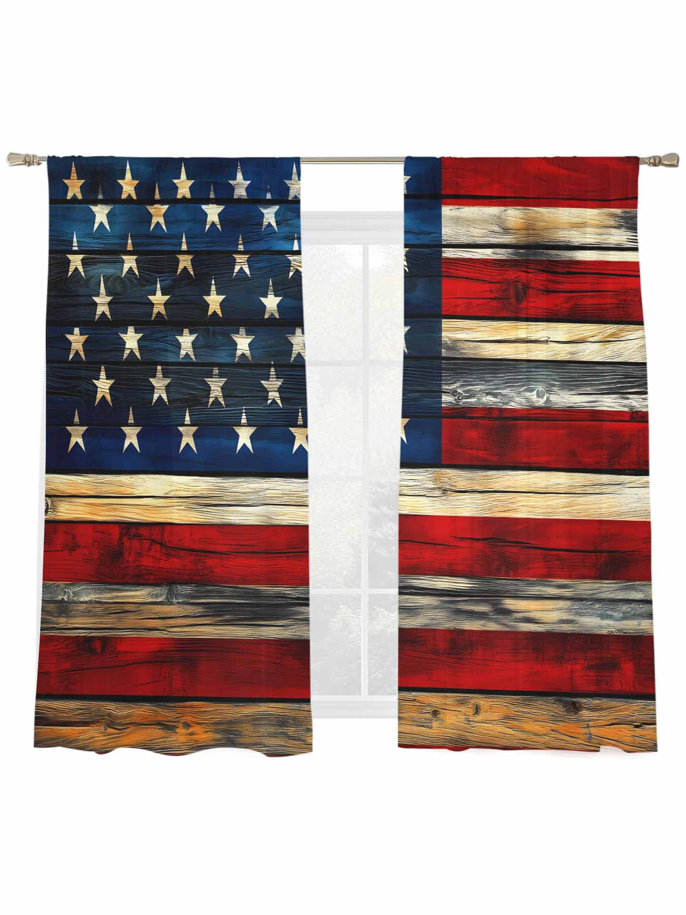 Retro American Flag Sheer Curtains 63 Inch Length 2 Panels Set, Semi ...
