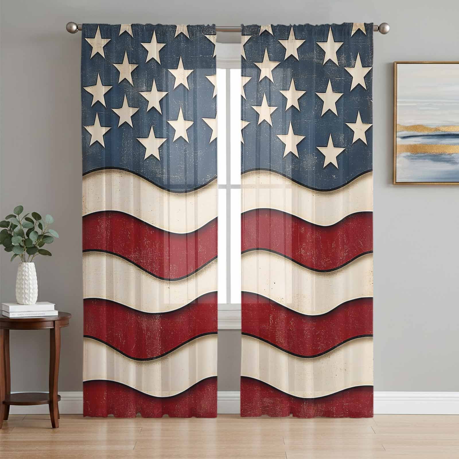 Retro American Flag Sheer Curtains 72 Inch Length 2 Panels Set, White ...