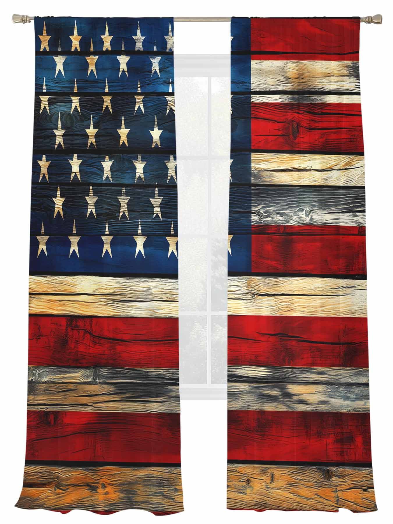 Retro American Flag Sheer Curtains 84 Inch Length 2 Panels Set, Semi ...