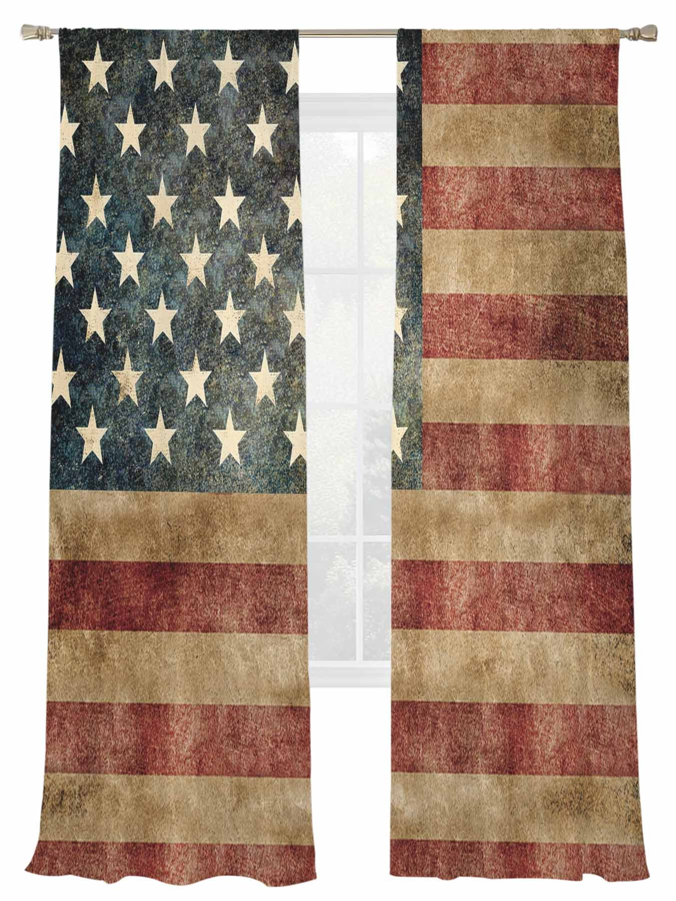 Retro American Flag Sheer Curtains 84 Inch Length 2 Panels Set, Semi ...