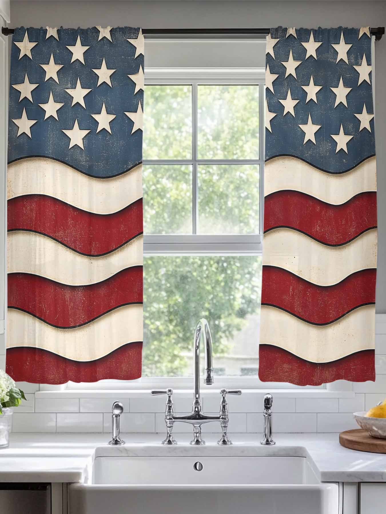 Retro American Flag Sheer Curtains for Living Room Bedroom White Star ...