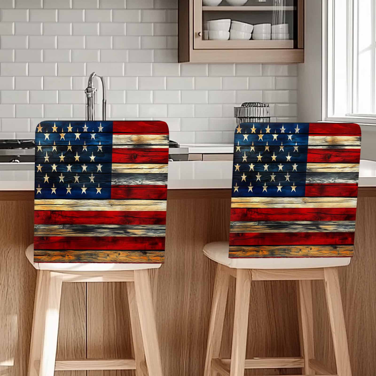 Retro American Flag Star Striped Mottled Wood Grain Chair Covers Set of ...