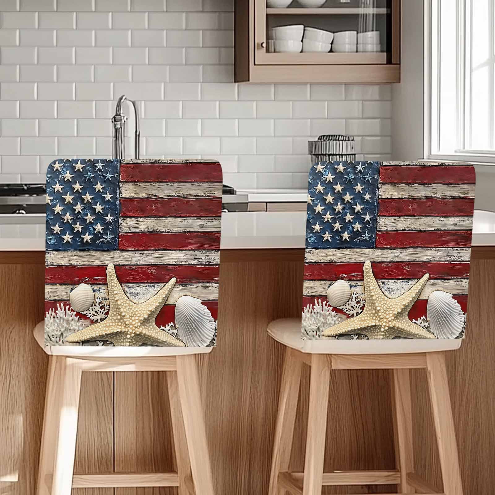 Retro American Flag Stripe Star Starfish Shell Wood Grain Chair Covers ...