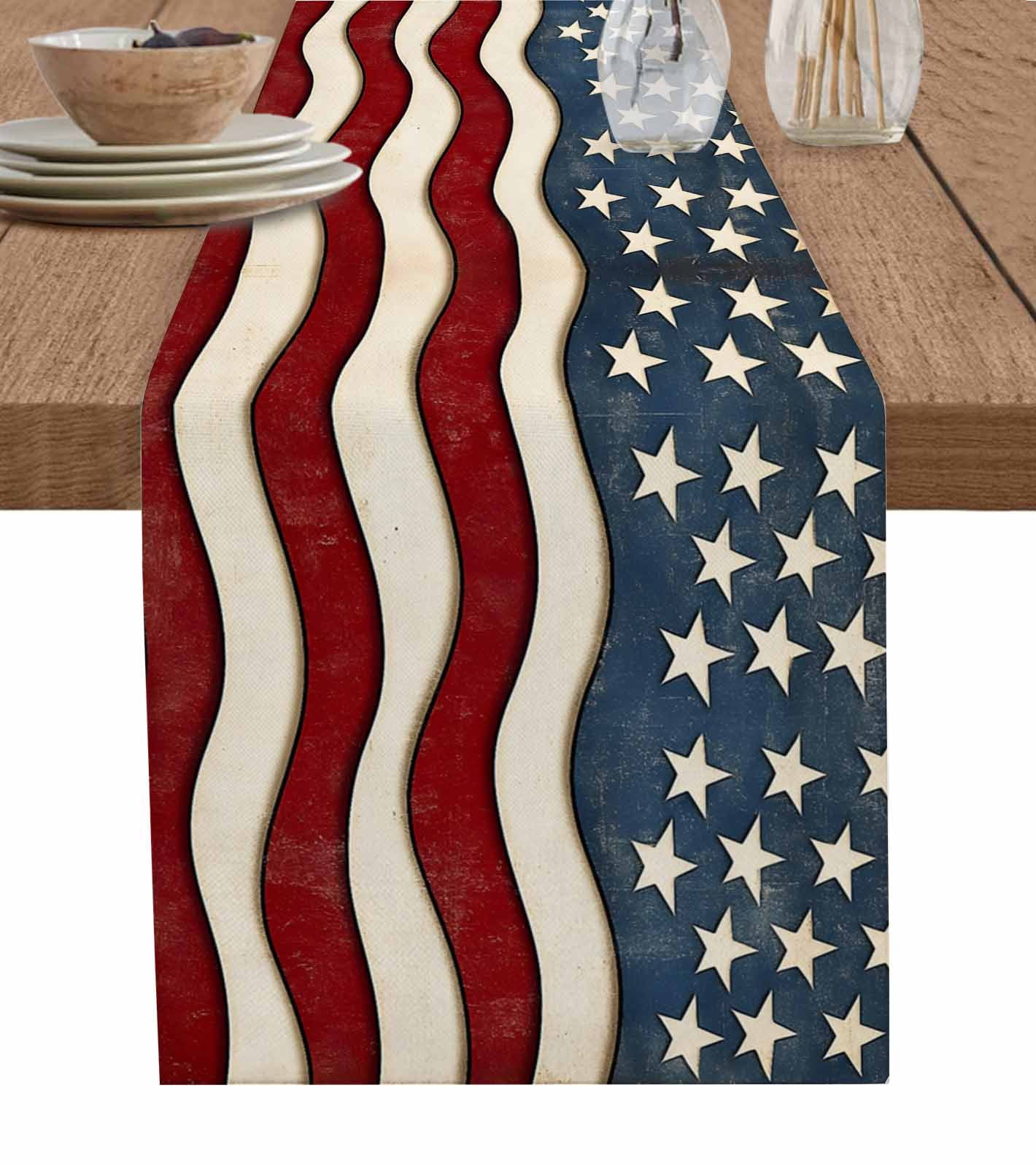 Retro American Flag Table Runner 120 Inches, White Star Red Blue US ...