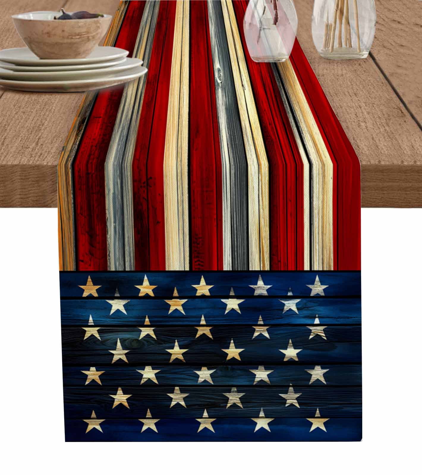 Retro American Flag Table Runner Blue Red USA Flag Vintage Wood ...