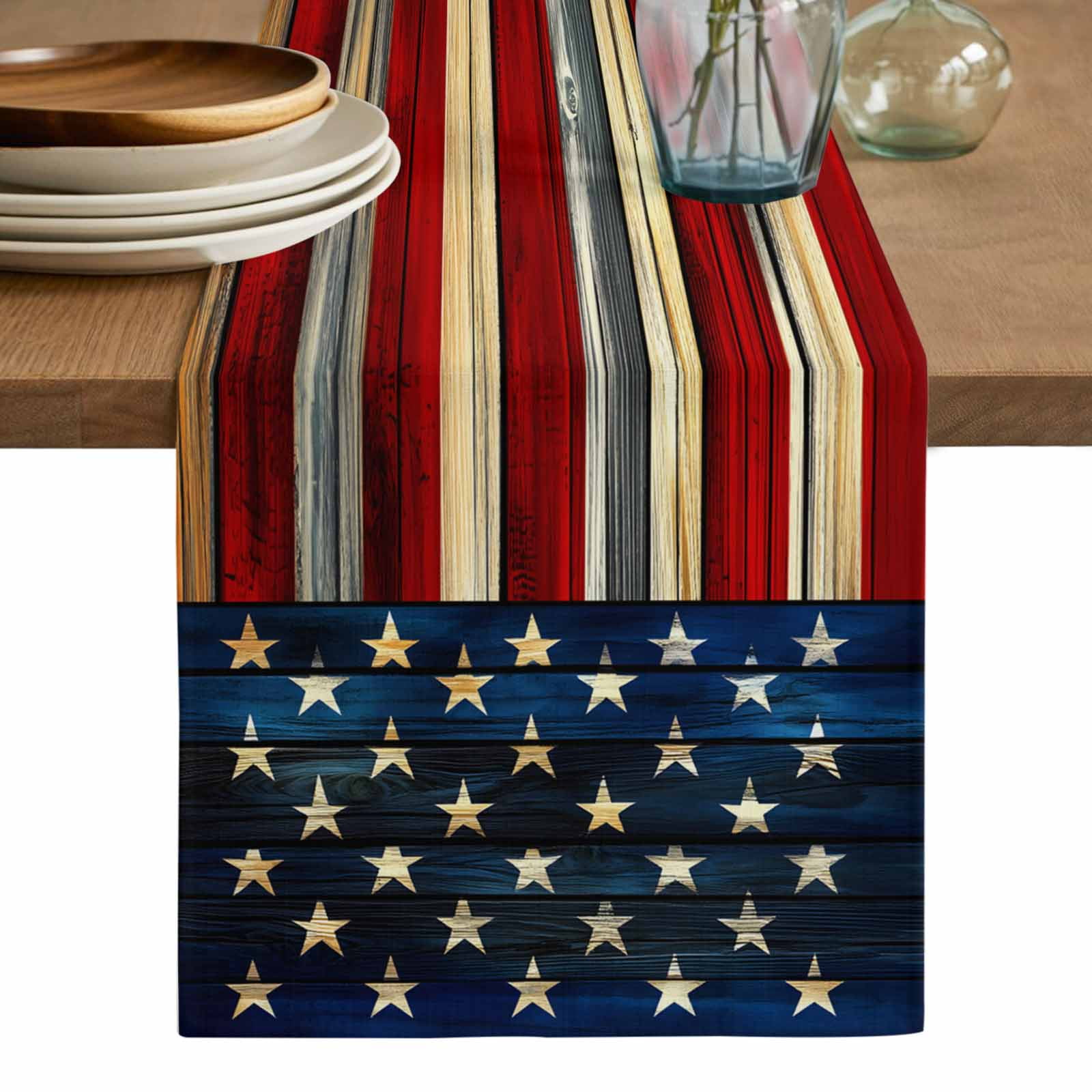 Retro American Flag Table Runner, Blue Red USA Flag Vintage Wood ...