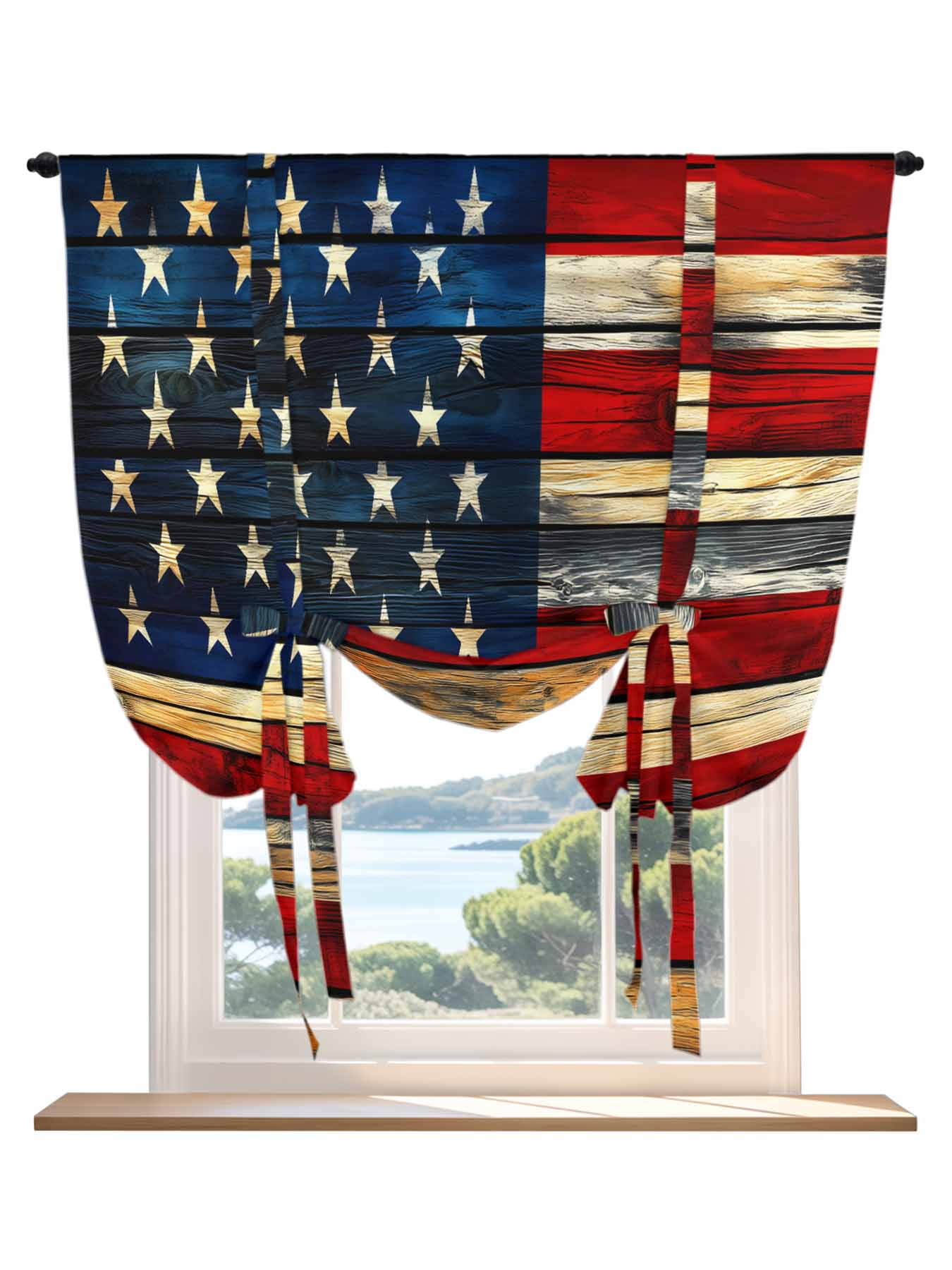 Retro American Flag Tie Up Curtains for Windows 63 Inch Length Balloon ...
