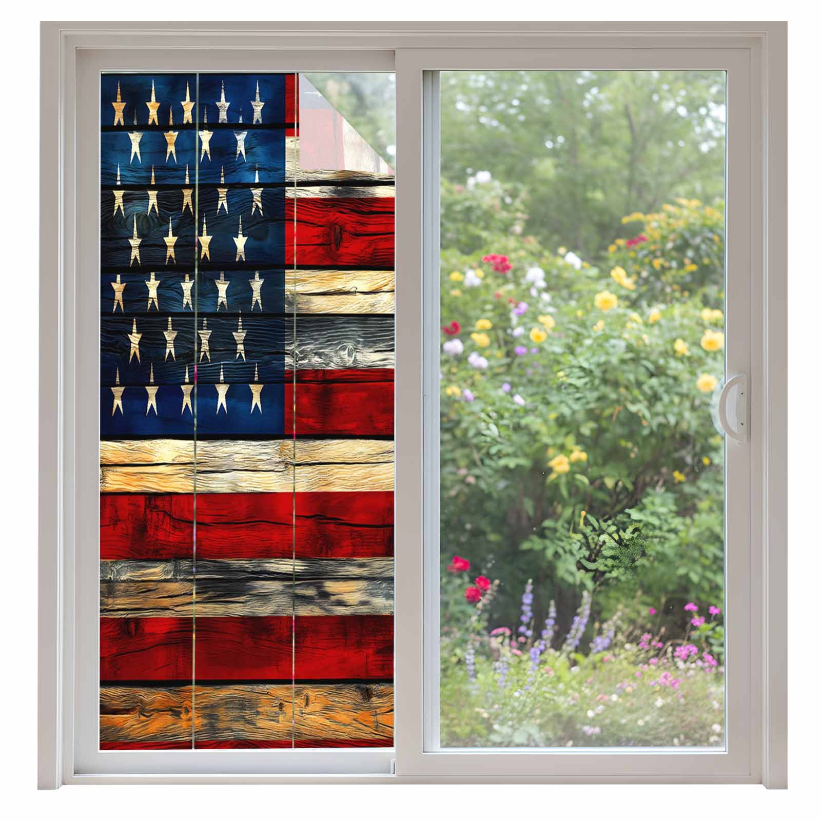 Retro American Flag Window Privacy Film, Blue Red USA Flag Vintage Wood ...