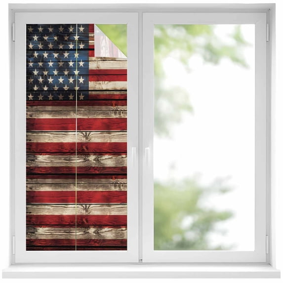 Retro American Flag Window Privacy Film, Red Blue Flag Vintage Wooden ...