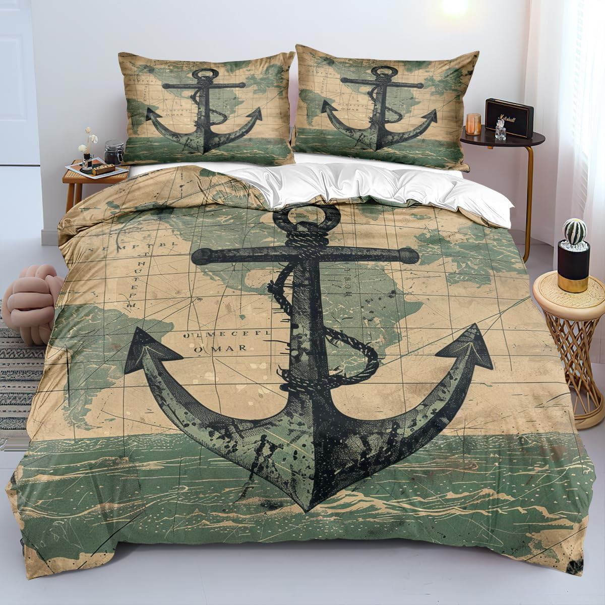 Retro Anchor Duvet CoverMap Bedding Set Sailing Bed Sets Adventure ...