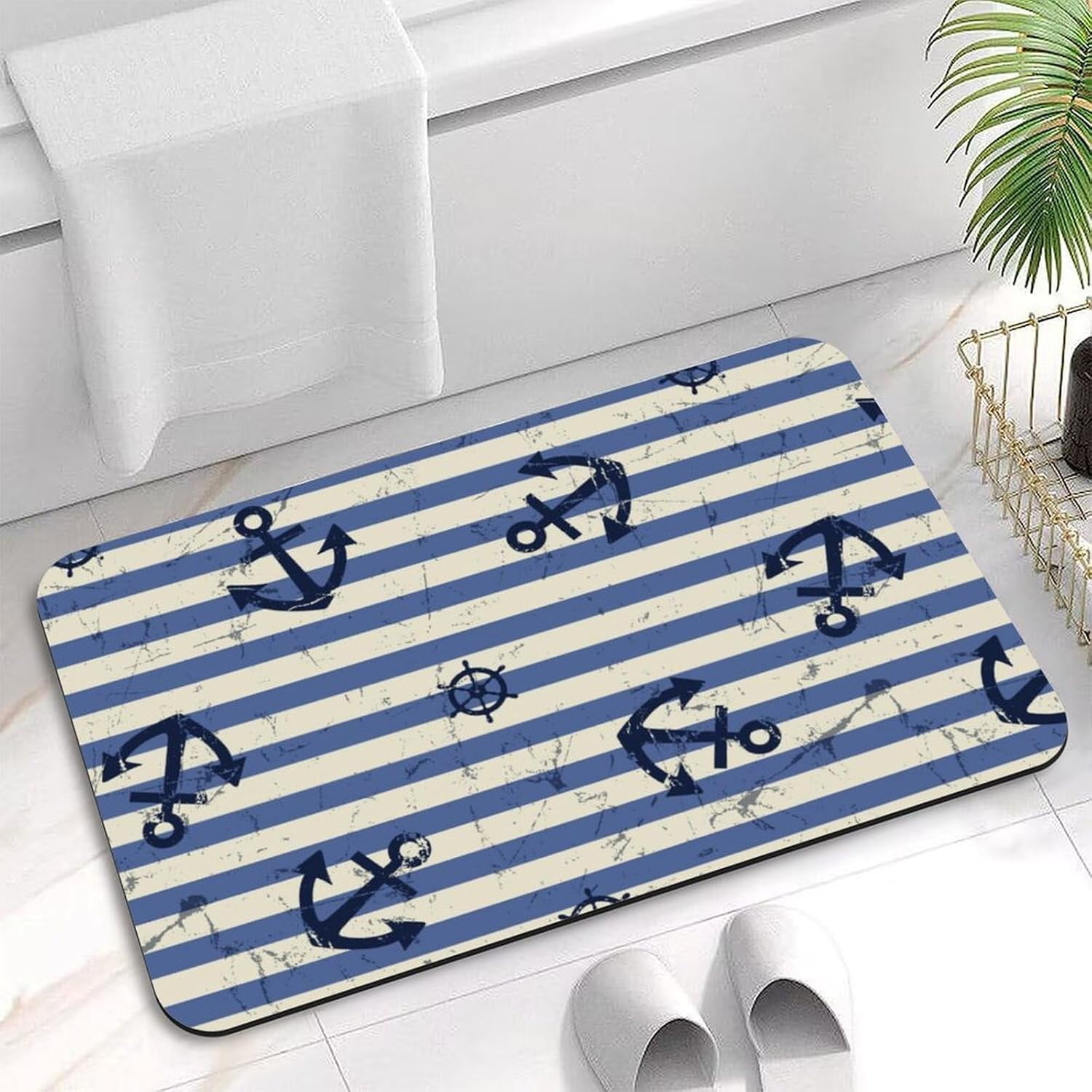 Retro Anchor and Steering Wheel Diatomaceous Earth Mat Blue and White ...