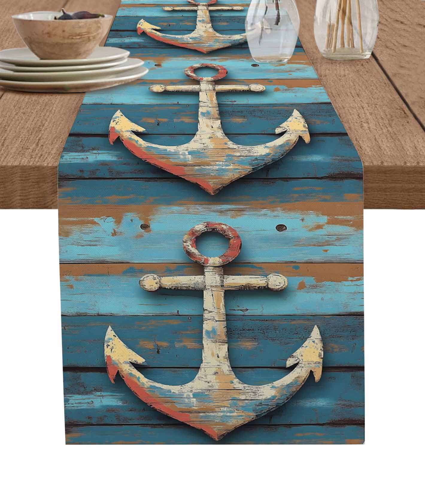 Retro Anchor Table Runner 72 Inches, Vintage Nautical Navy Blue Brown ...