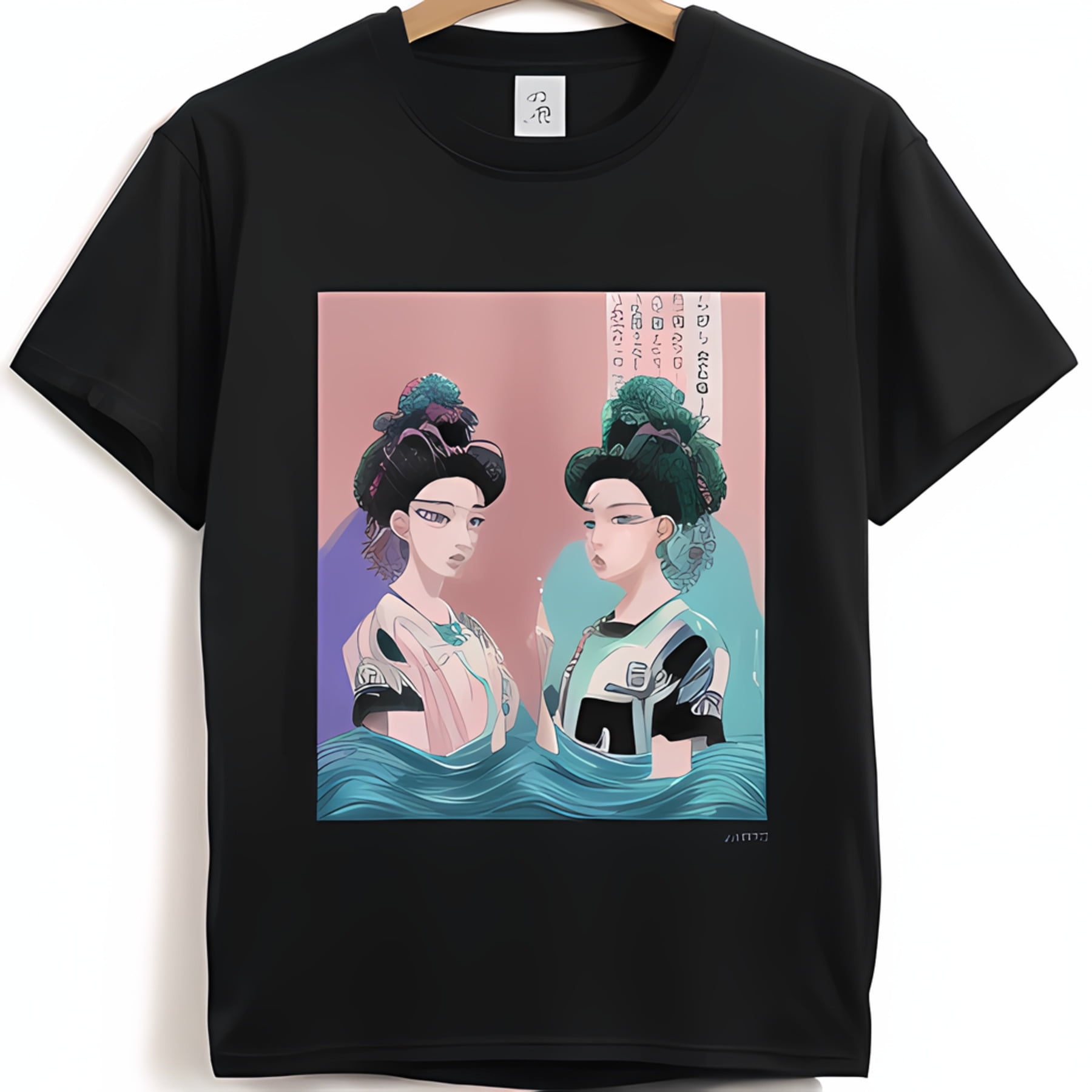 Retro Anime Geisha Girls in WaTeer Detailed Art on Black T-Shirt ...