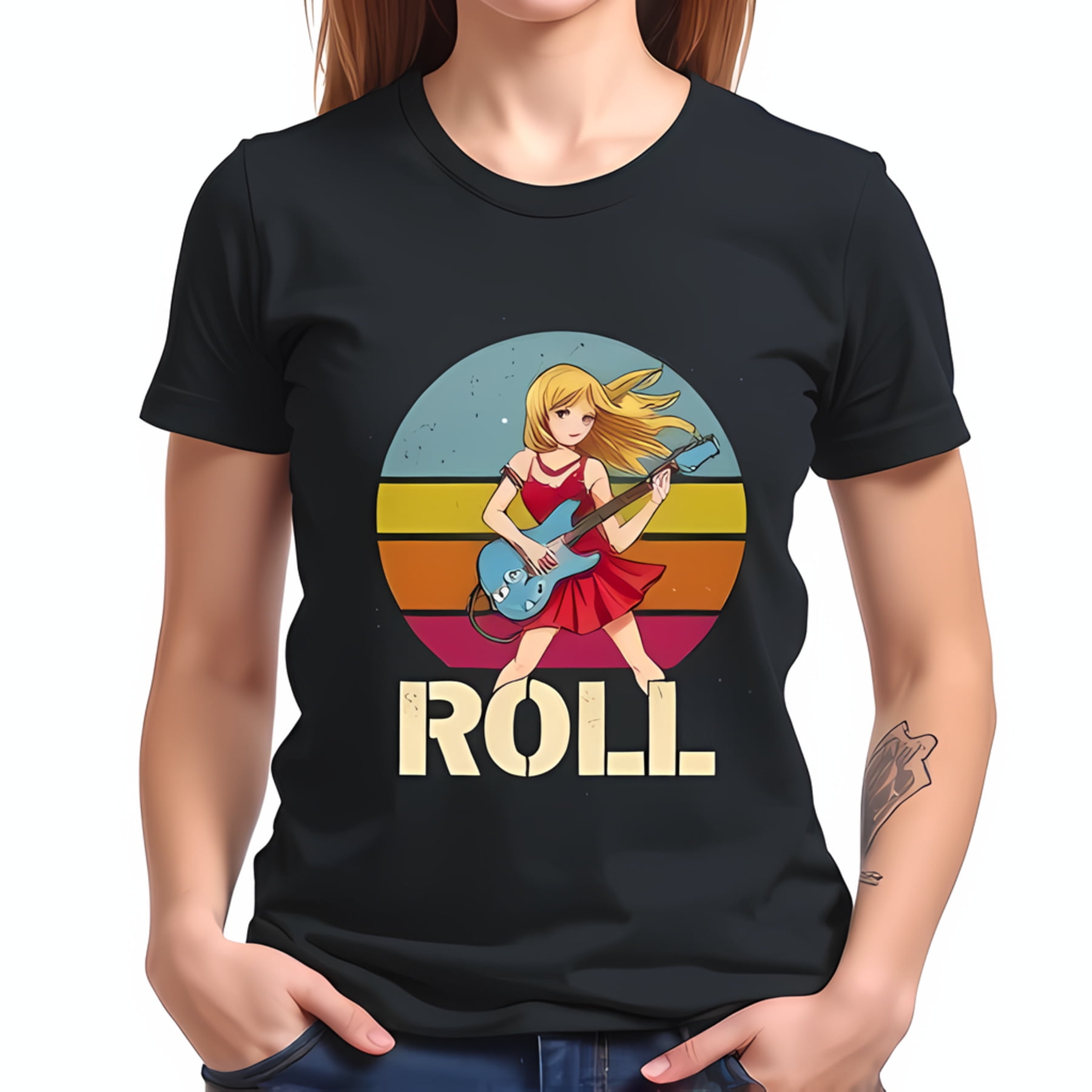 Retro Anime Girl Electric Guitar Graphic Cotton Short Sleeve T-Shirt ...