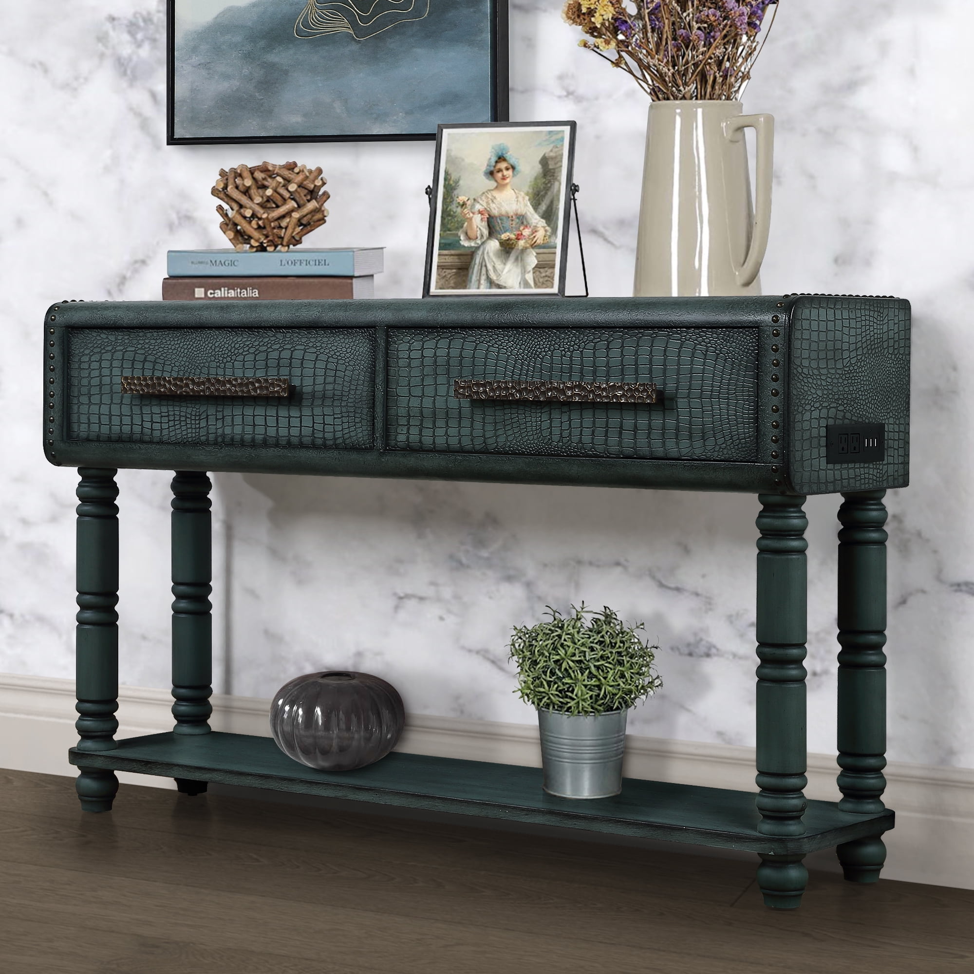 Retro Antique Green Sofa Table with Outlets & USB, 54 inch Pine Wood ...
