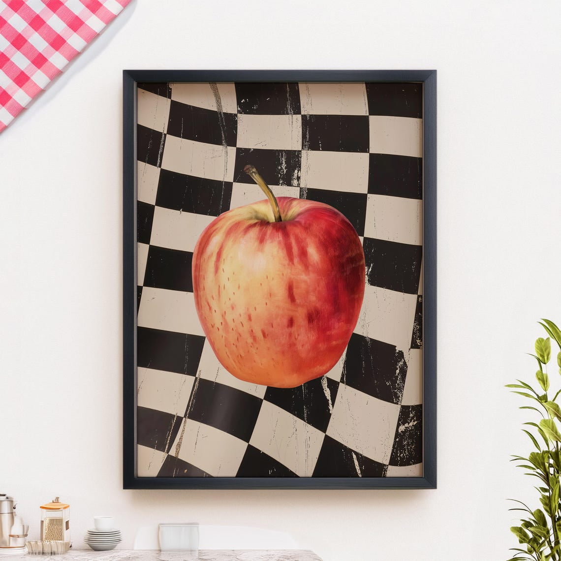 Retro Apple Kitchen Art Print Food Poster Vintage Fruit On Checkerboard ...