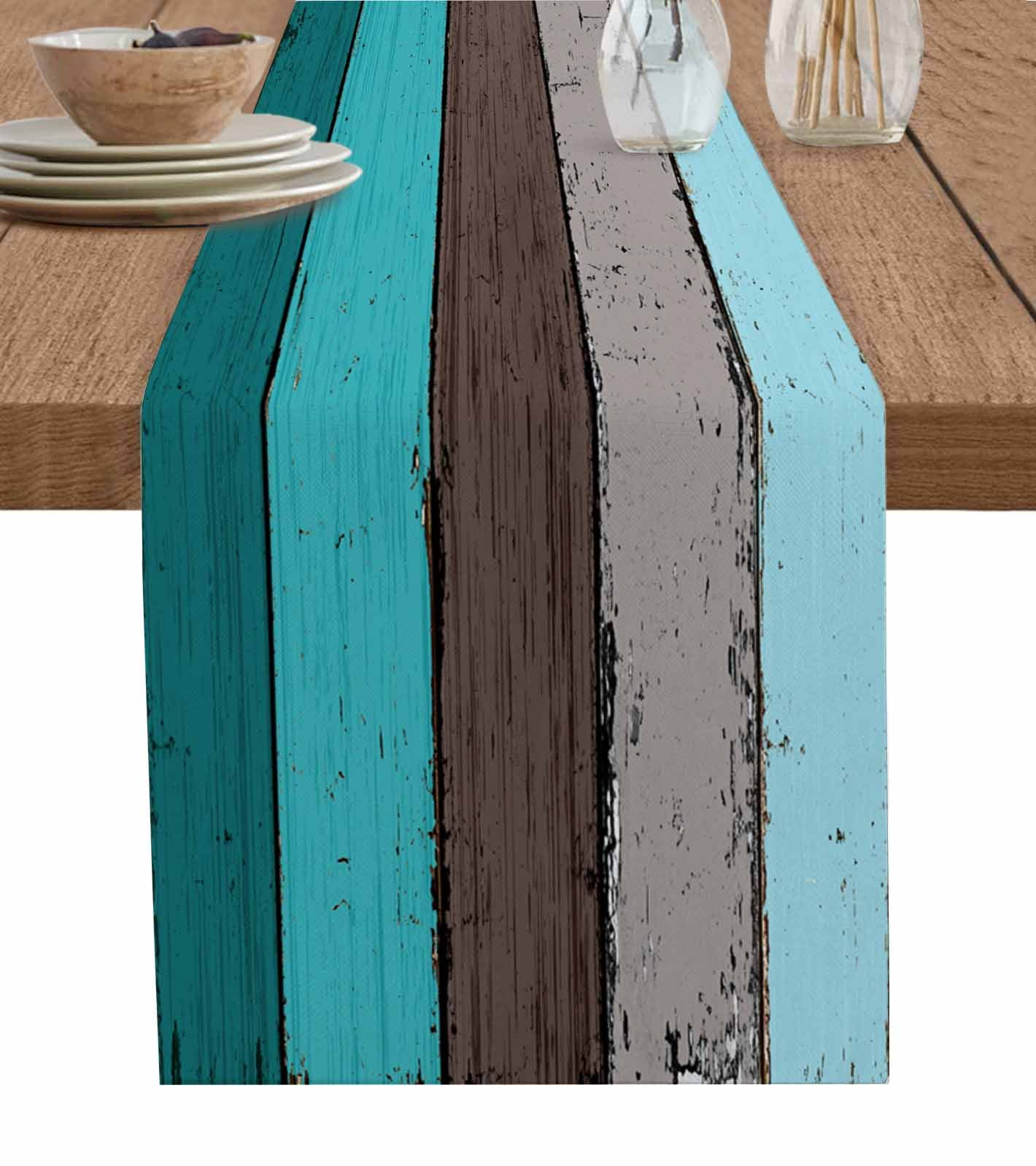Retro Aqua Wood Table Runners 60 Inches Long, Cotton Linen Fabric Table ...