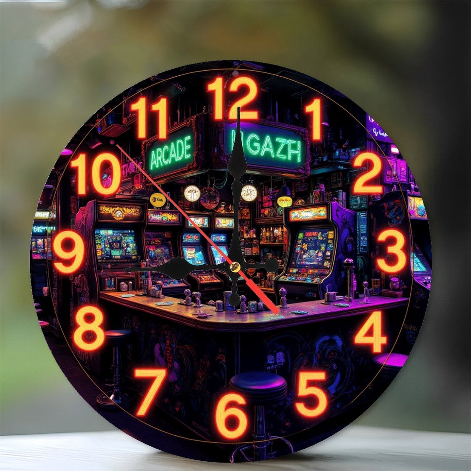 Retro Arcade Neon Clock Wall Clock 12-Inch Silent Wooden Wall Clock ...