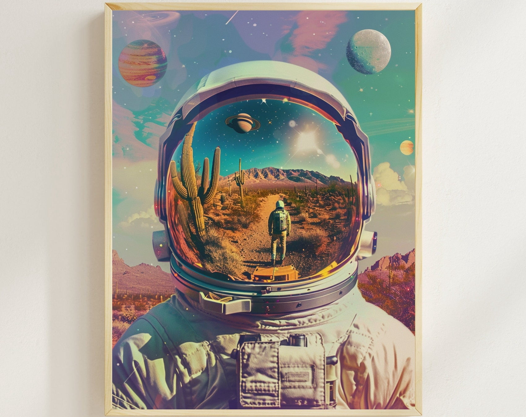 Retro Astronaut Poster Surreal Astronaut Helmet Art Print Psychedelic ...