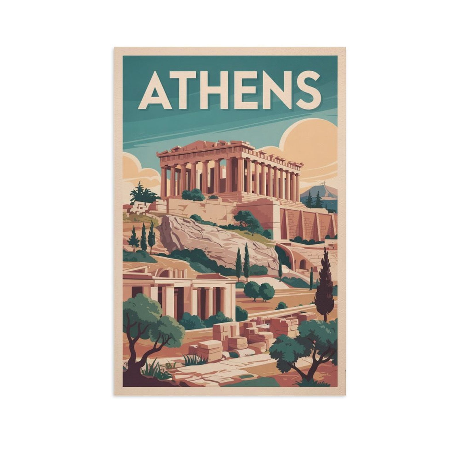 Retro Athens Cityscape Vintage Greek City Tourism Wall Art for Home ...