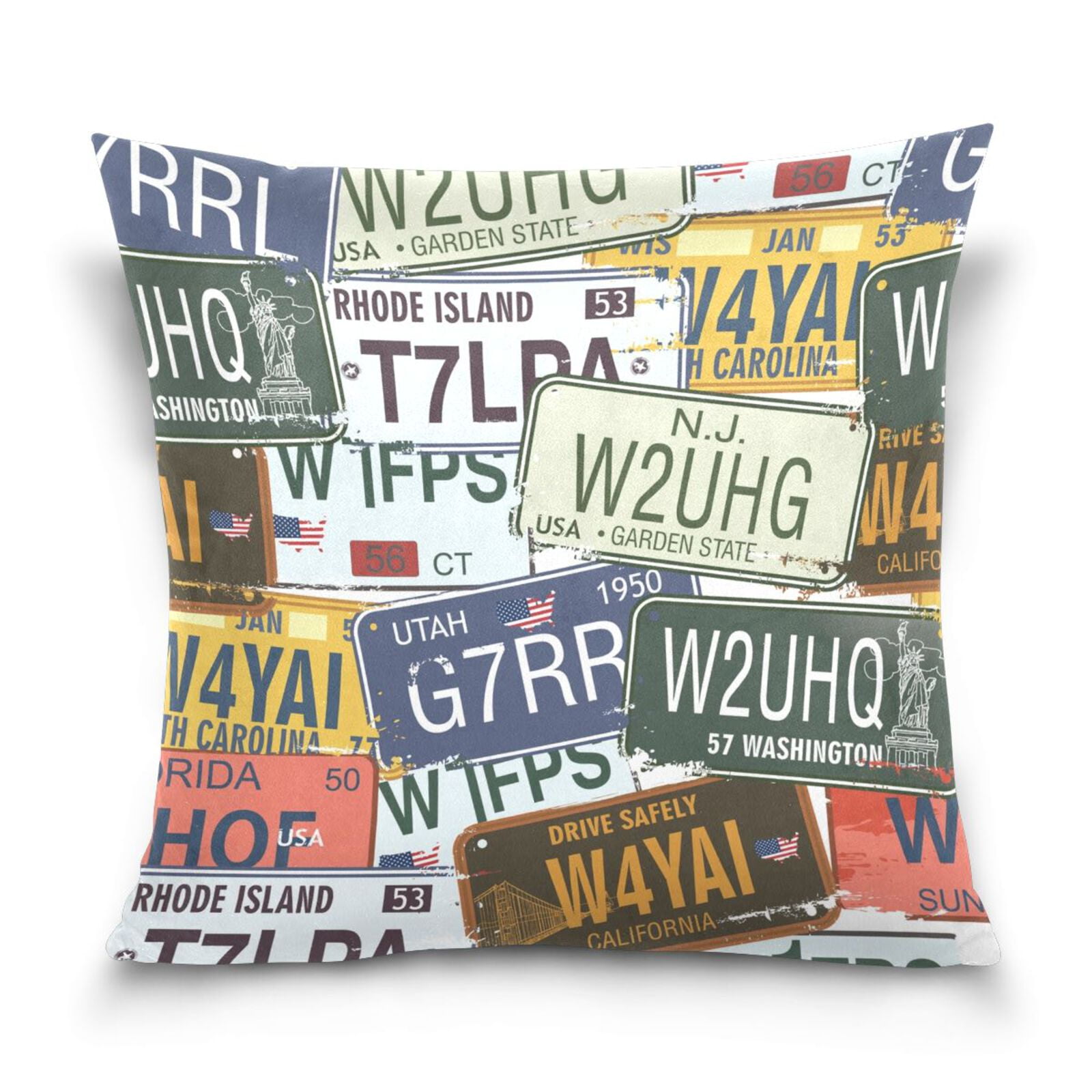 Retro Auto License Plates Square Throw Pillow Covers Couch Decorative ...