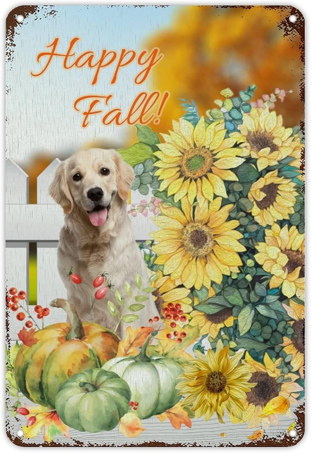 Retro Autumn Golden Retriever Dog Signs Thanksgiving Pumpkin Sunflower ...