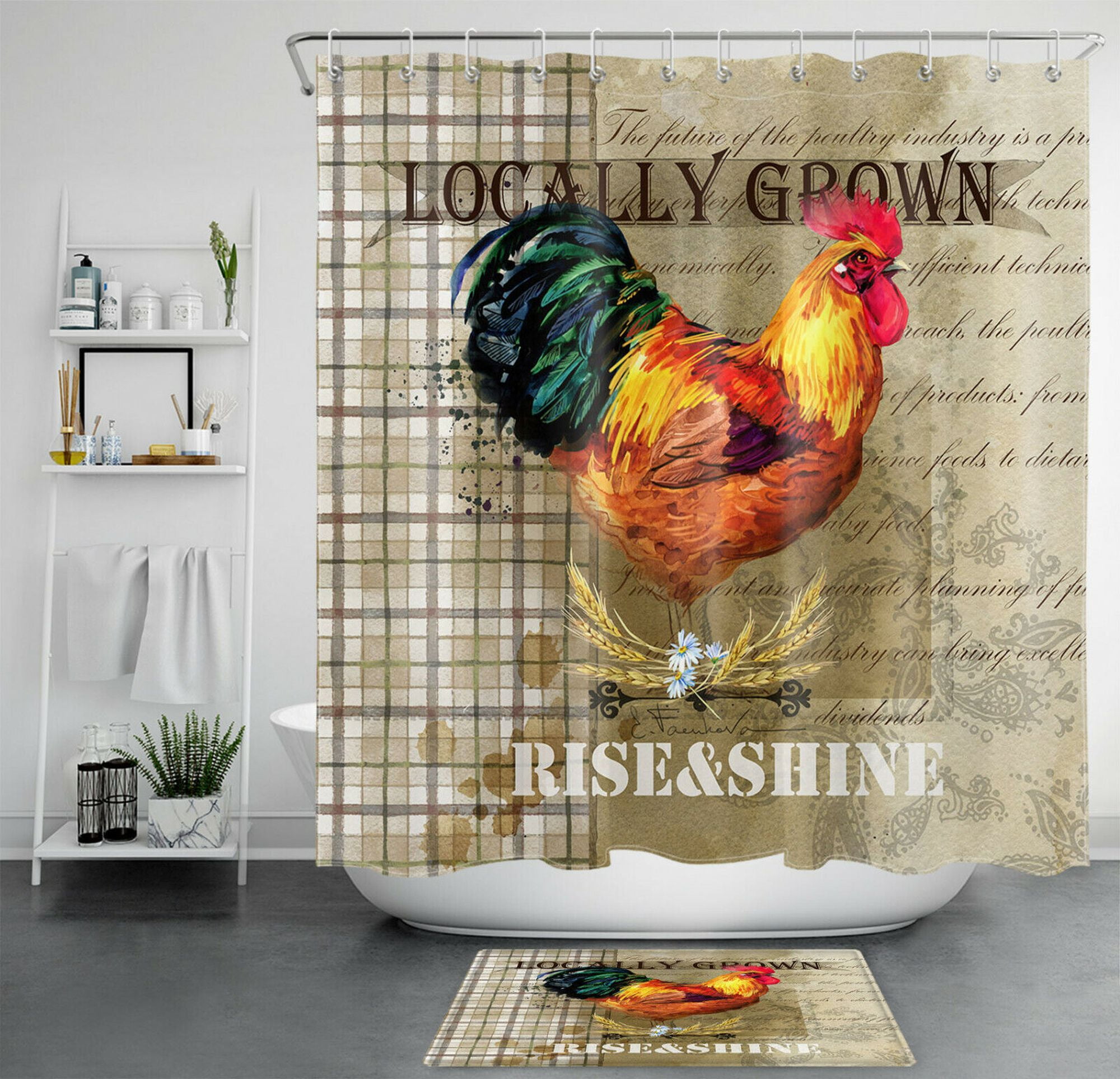 Retro Background On Watercolor Animal Chicken Shower Curtain Bathroom ...
