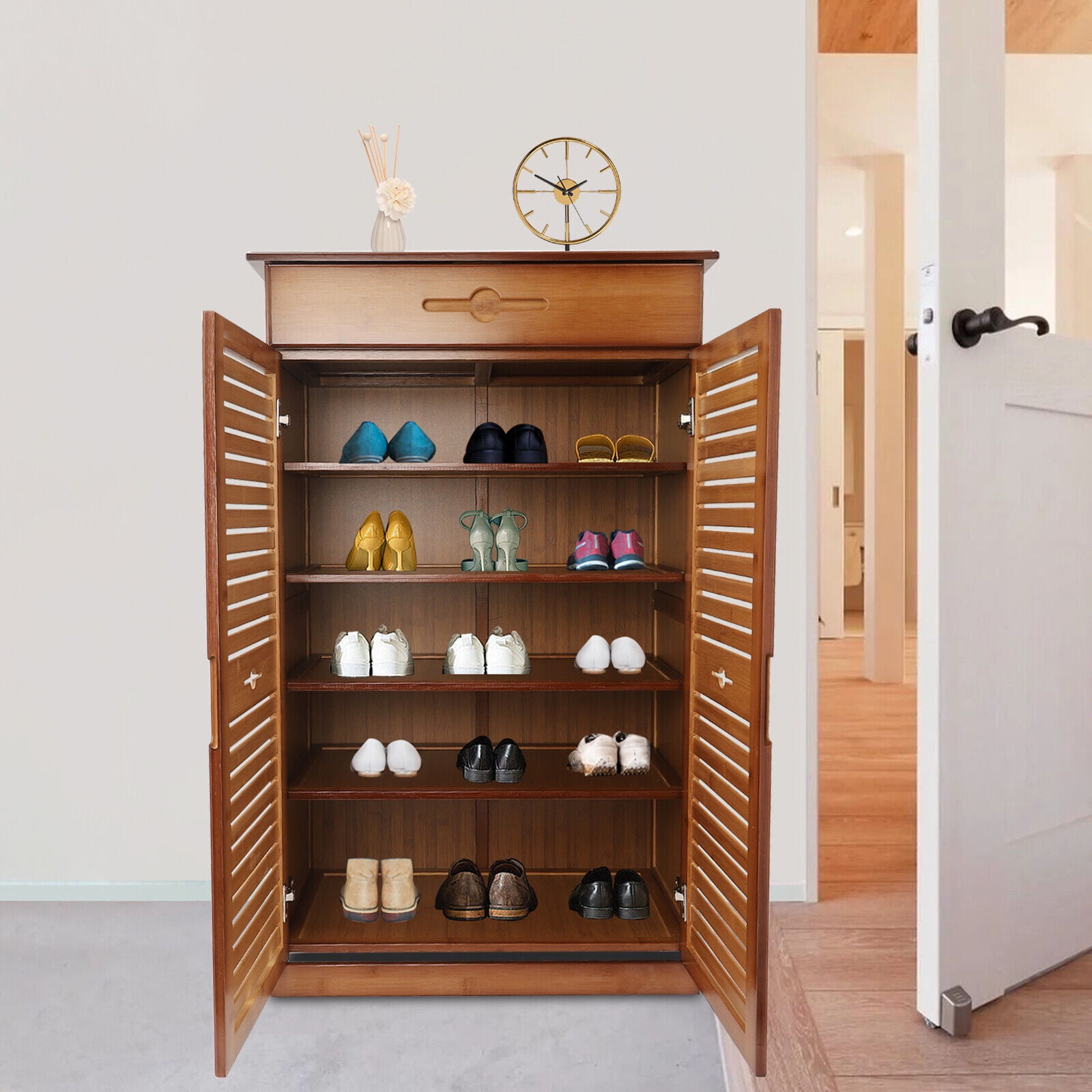 Retro Bamboo Shoe Cabinet with 5 Tiers, Drawer, and Adjustable Shelves ...