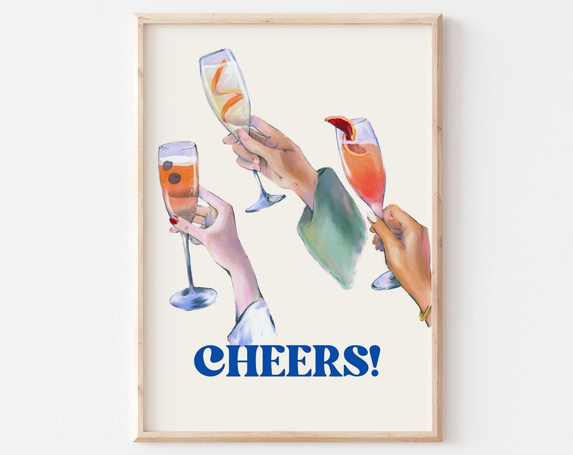 Retro Bar Cart Print, Cheers Print, Bar Cart Decor, Aesthetic Kitchen Decor, Bar Cart Wall Art ...