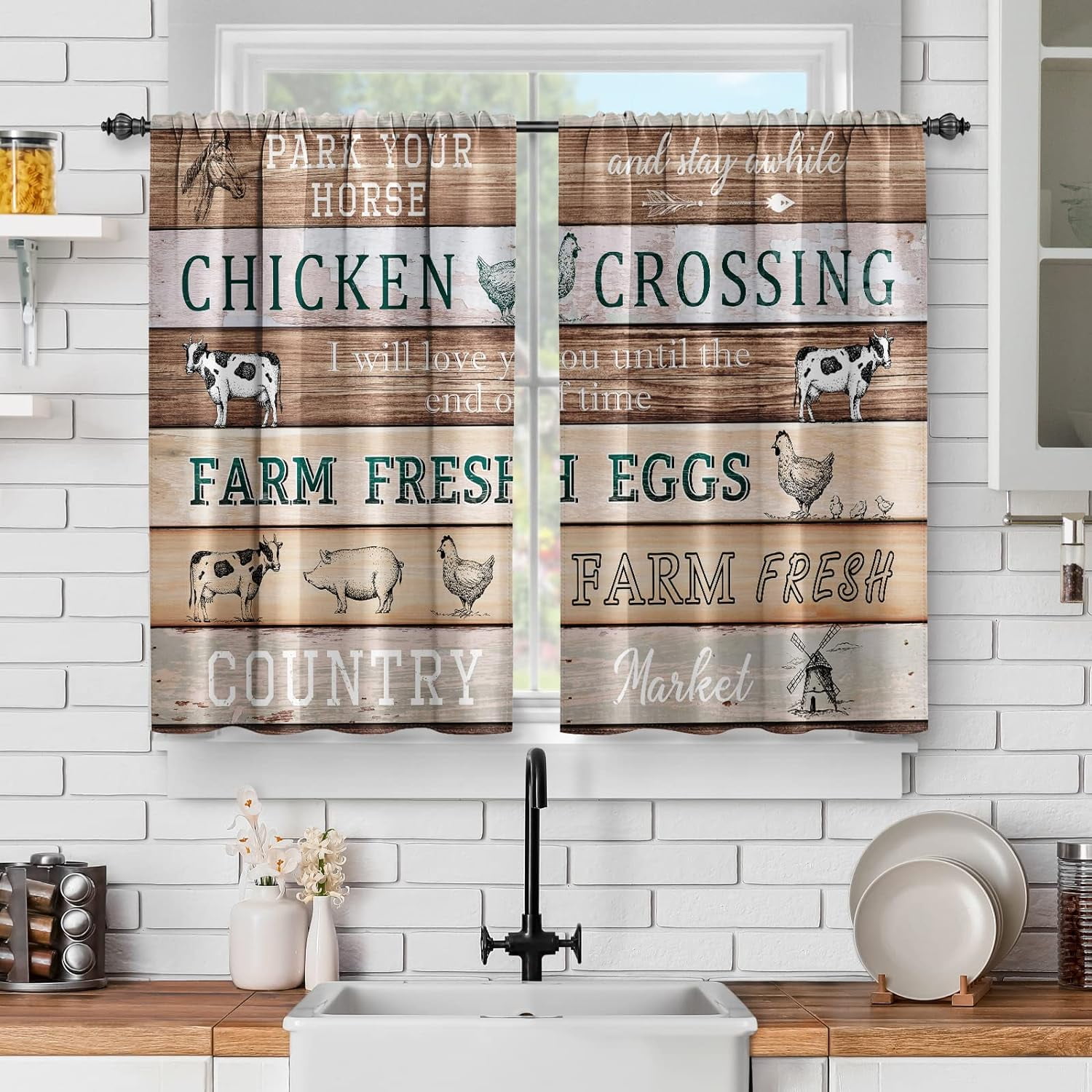 Retro Barn Door Kitchen Curtains: Wood Farm Animals Cow Pig Horse ...
