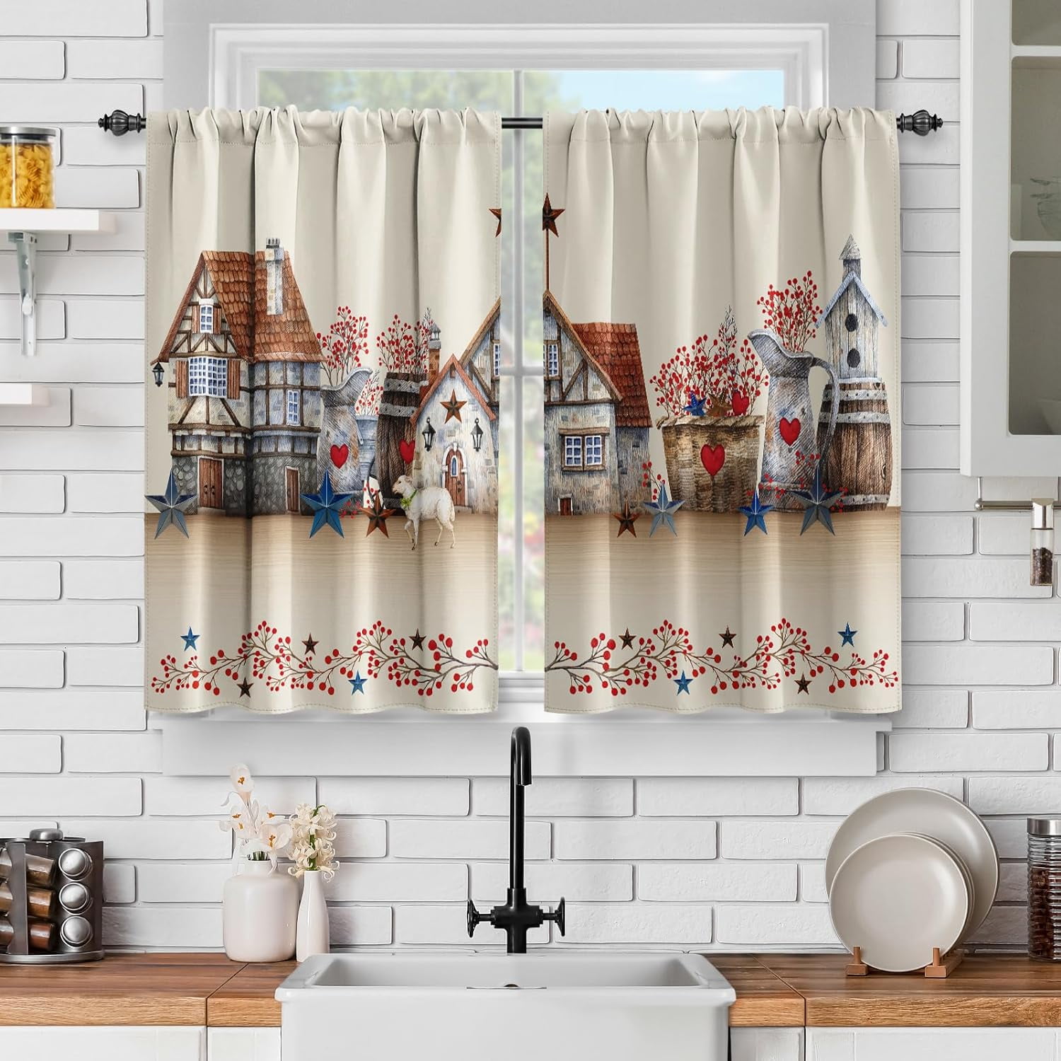 Retro Barn Farmhouse Kitchen Curtains: Western Texas Country Star Short ...