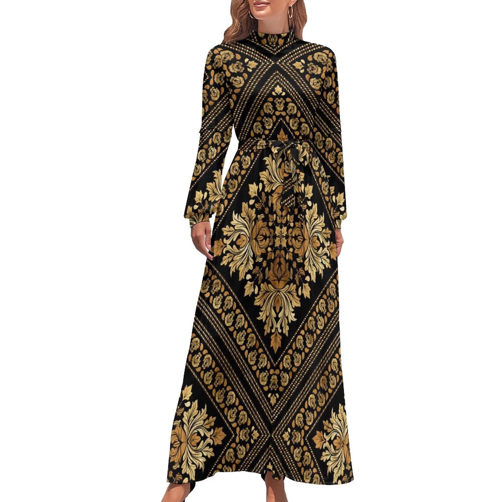Retro Baroque Print Dress Long-Sleeve Flourish Damask Elegant Maxi ...