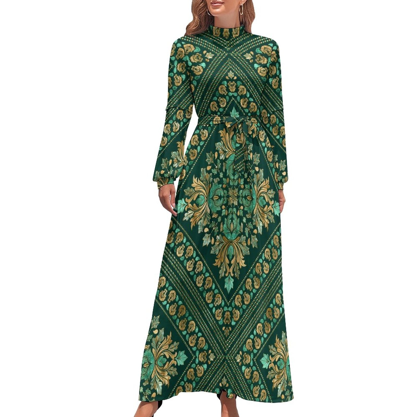 Retro Baroque Print Dress Long-Sleeve Flourish Damask Elegant Maxi ...