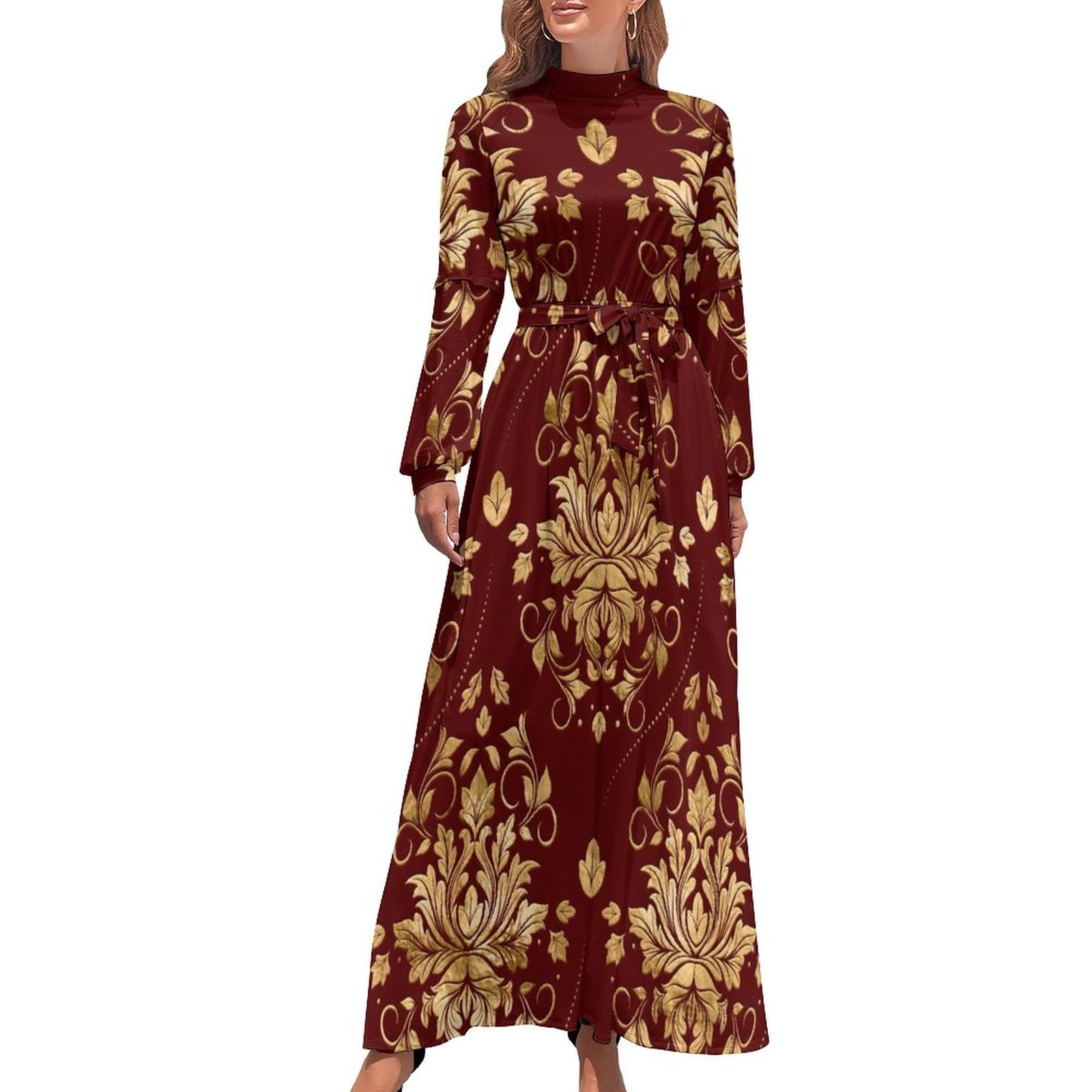 Retro Baroque Print Dress Long-Sleeve Flourish Damask Elegant Maxi ...