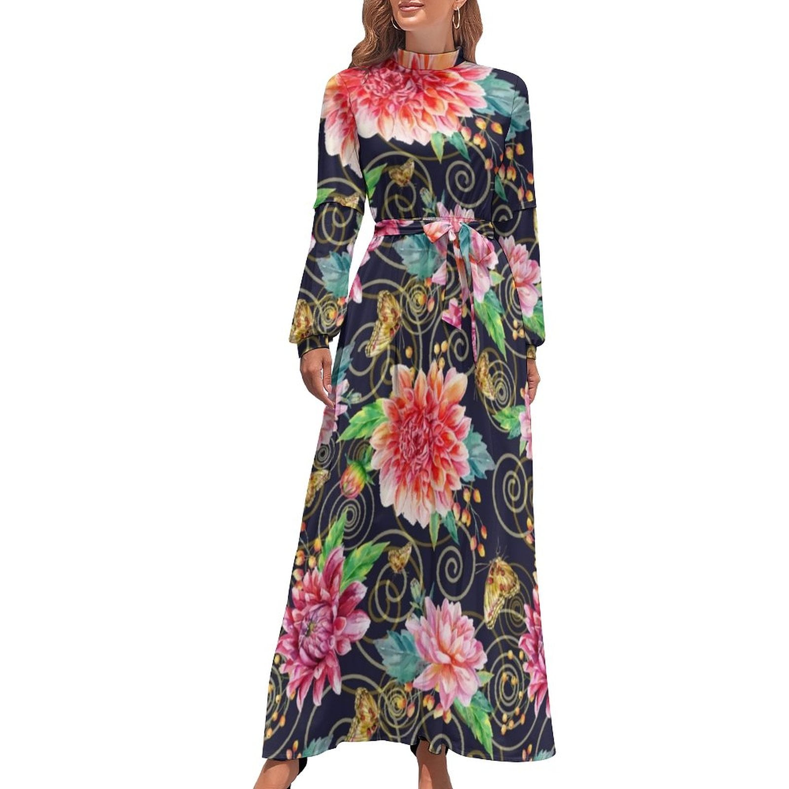 Retro Baroque Print Dress Long-Sleeve Flourish Damask Elegant Maxi ...