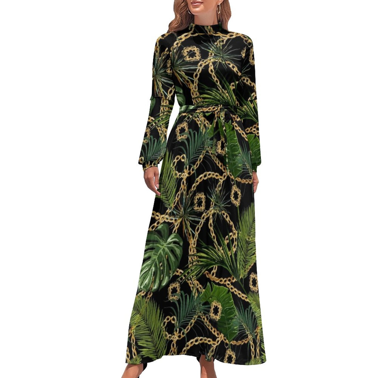 Retro Baroque Print Dress Long-Sleeve Flourish Damask Elegant Maxi ...