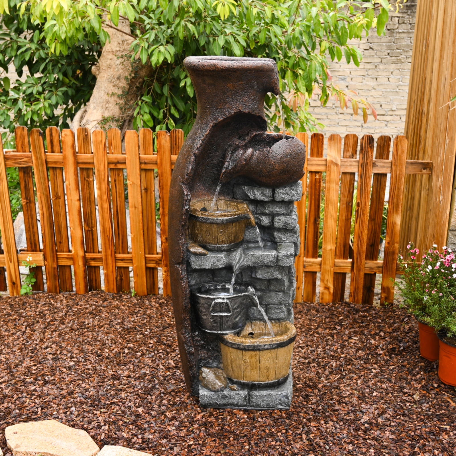 Retro Barrel Water Fountains Indoor 6-Tiered Cascading Waterfall Water ...