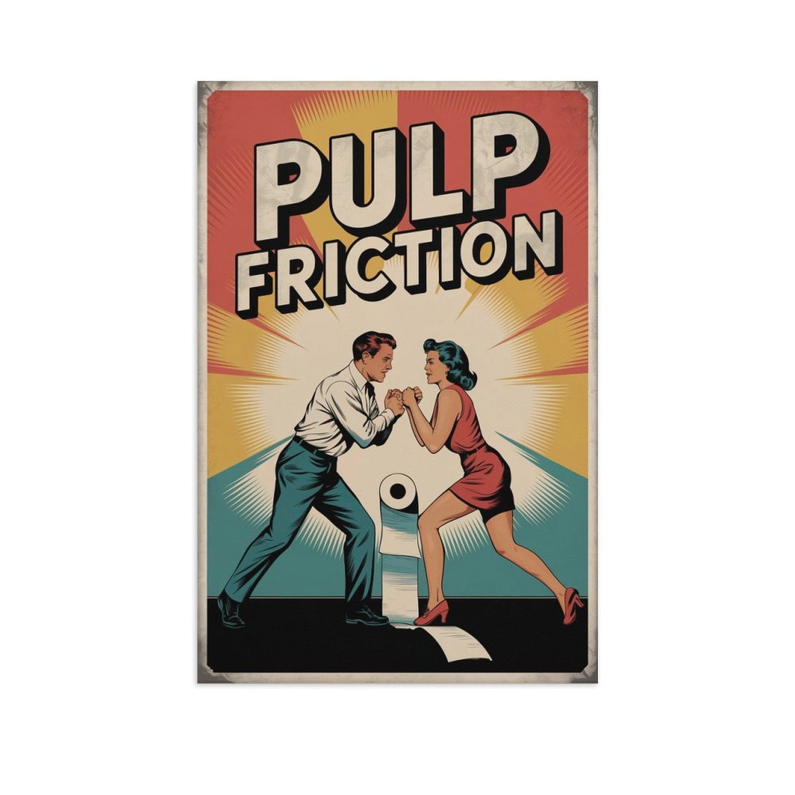 Retro Bathroom Poster Pulp Friction Funny Wall Art Two People Fighting ...