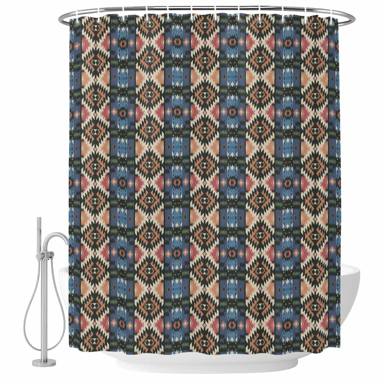 Retro Bathroom Shower Curtains with Hooks, Southwest Blue Brown Ethnic ...