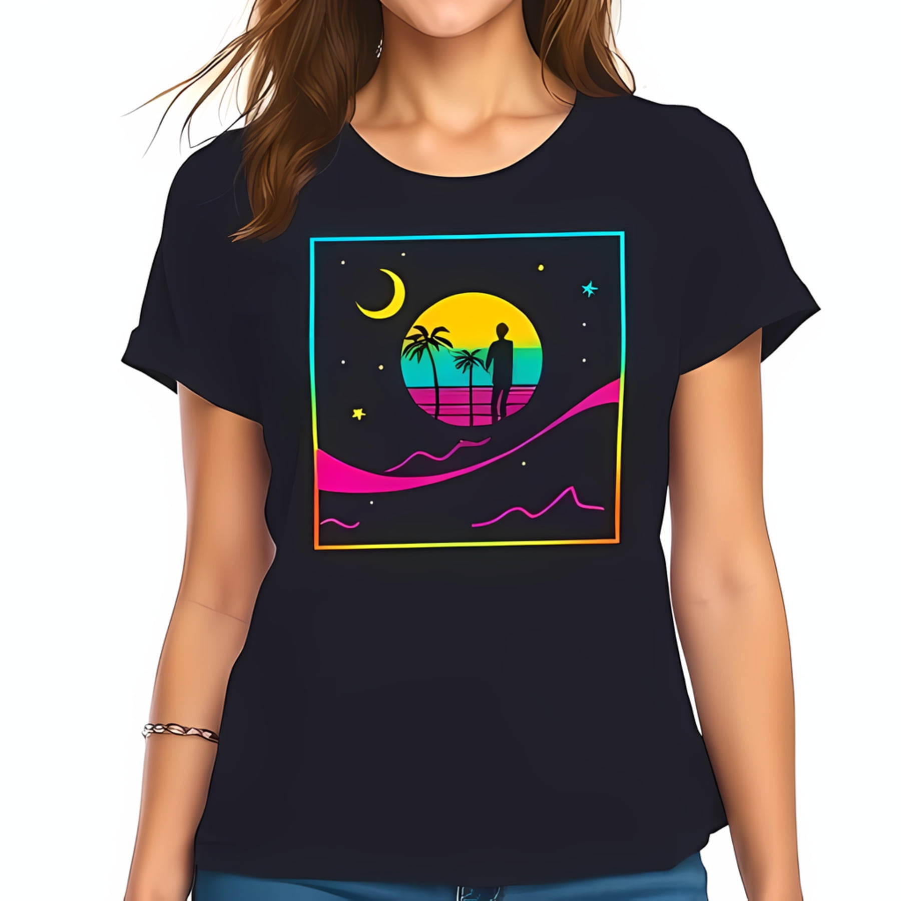 Retro Beach Scene Graphic T-Shirt - Dark Navy Cotton Short Sleeve Tee ...