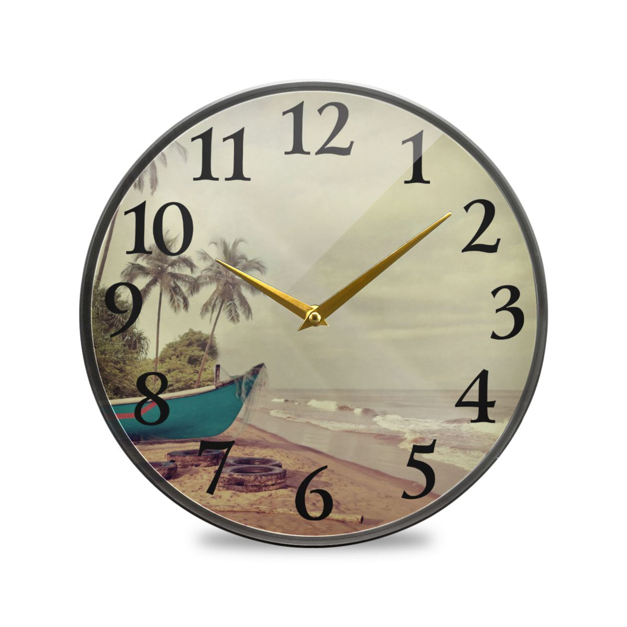 Retro Beach Tropical Tree Wall Clocks Battery Operated 11.9 Inch Round ...